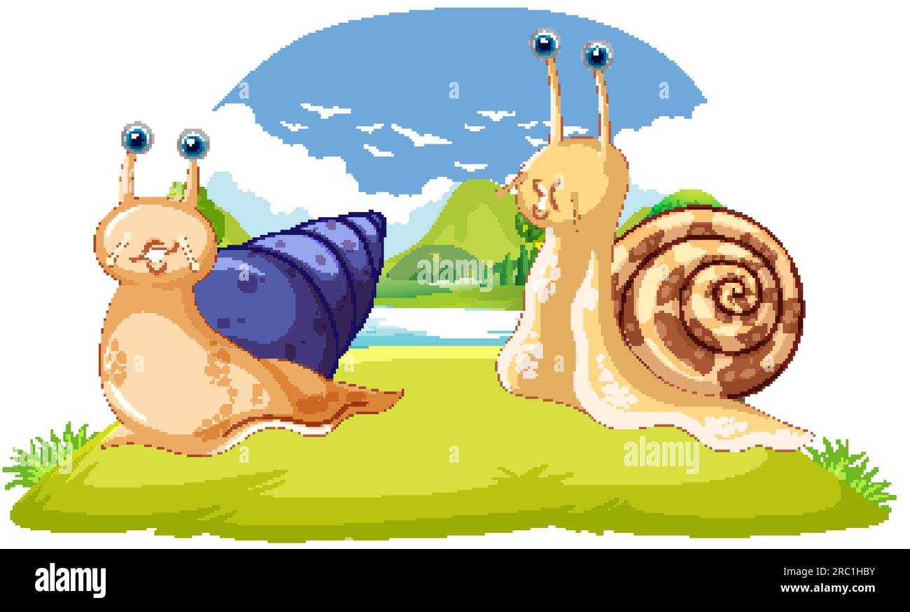 Two Snails on Grass in Cartoon Style illustration Stock Vector Image ...