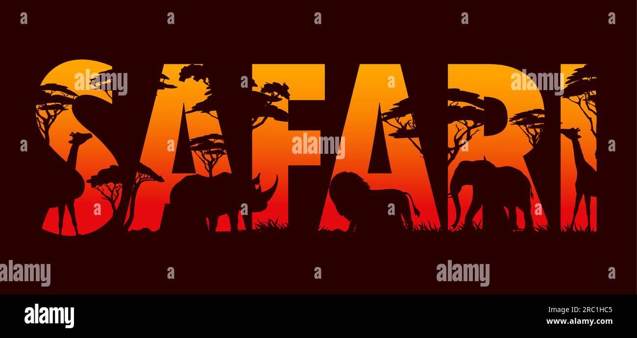 Safari, african sunset landscape with animal silhouettes. Vector double ...