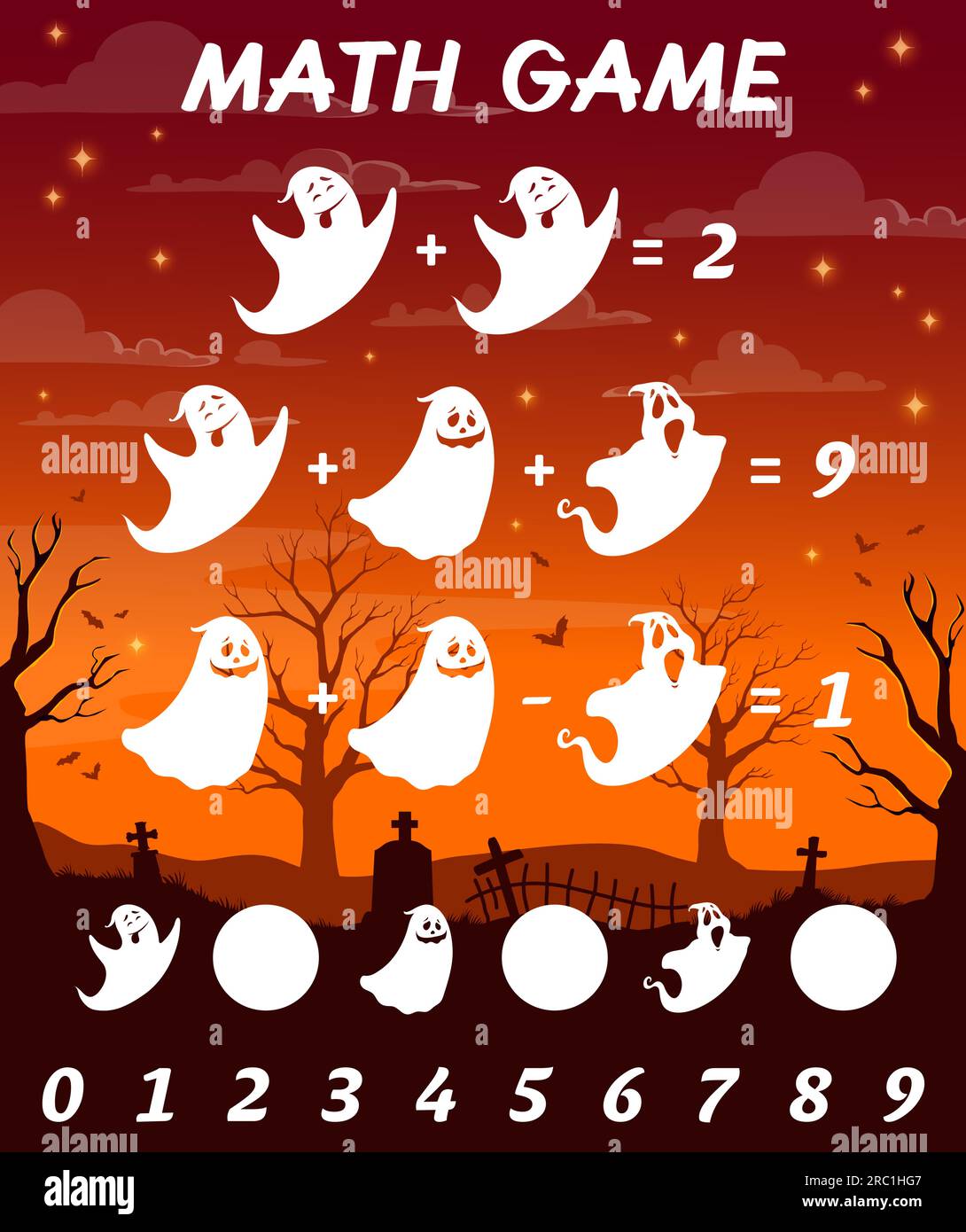 Math game worksheet. Halloween ghost characters on cemetery. Children ...