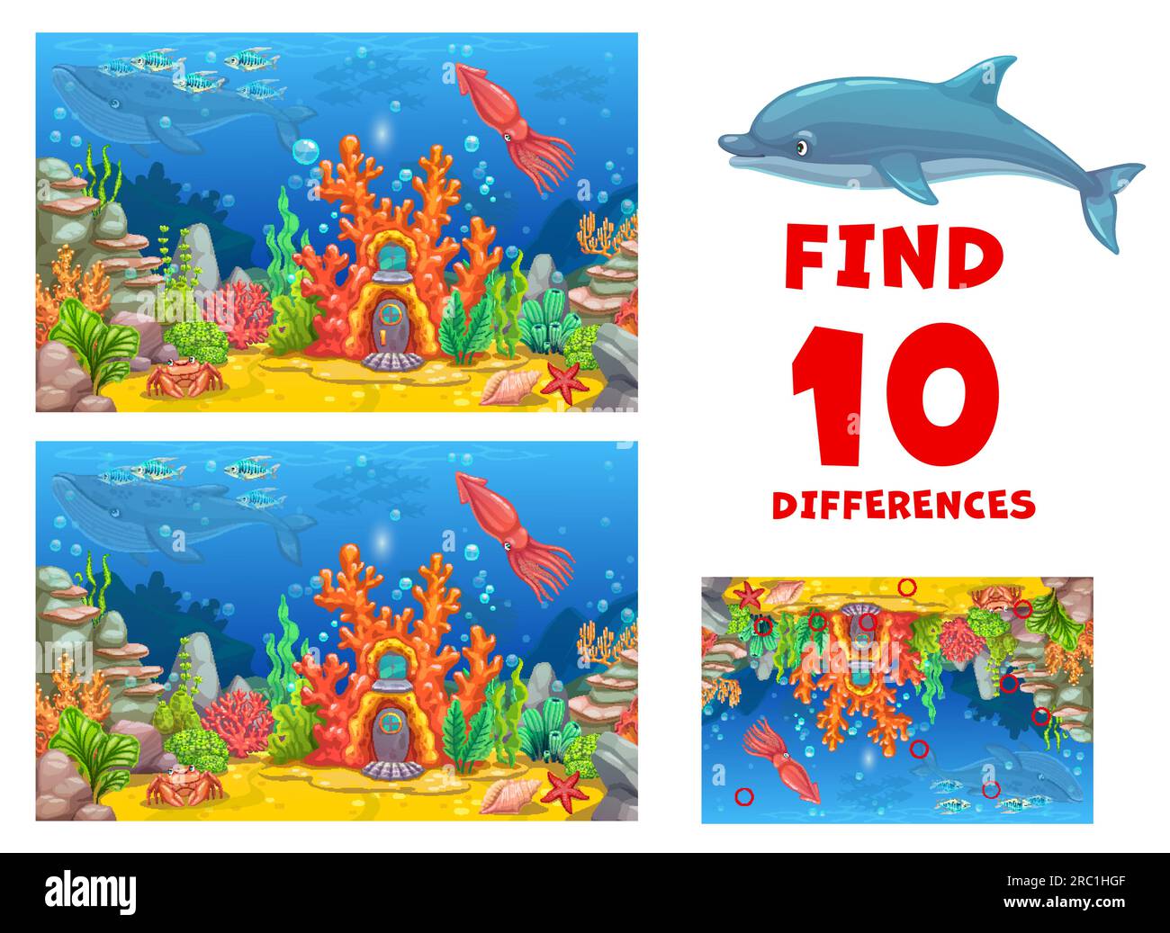 Find ten differences on underwater landscape with coral house. Kids ...