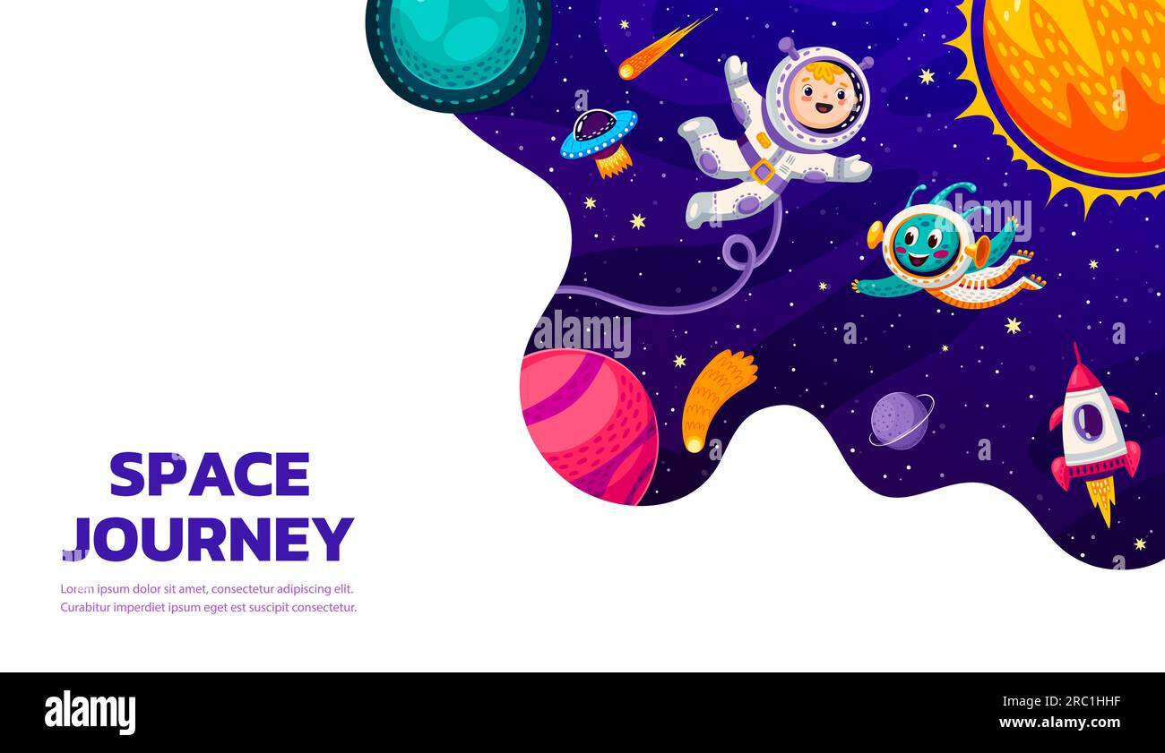 Space galaxy landing page. Cartoon alien, space planets, astronaut and ...