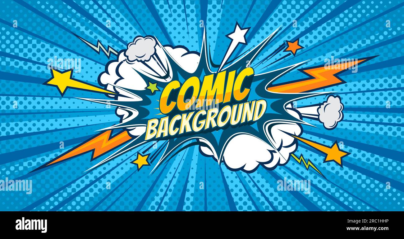 Blue comic pop art background with thunderbolt lightnings and comics ...