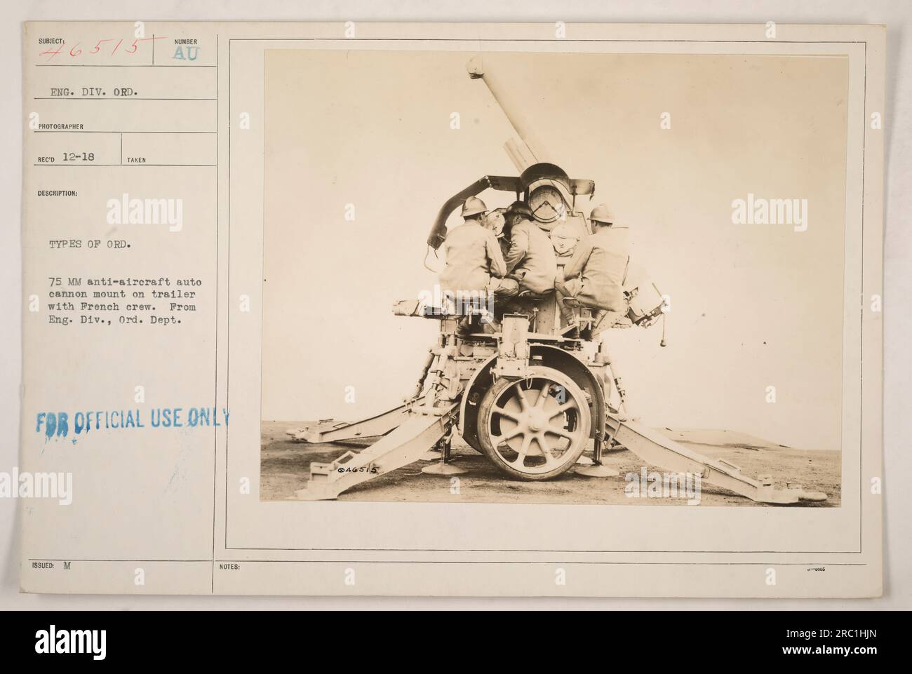 "75 MM anti-aircraft auto cannon mounted on trailer with French crew ...