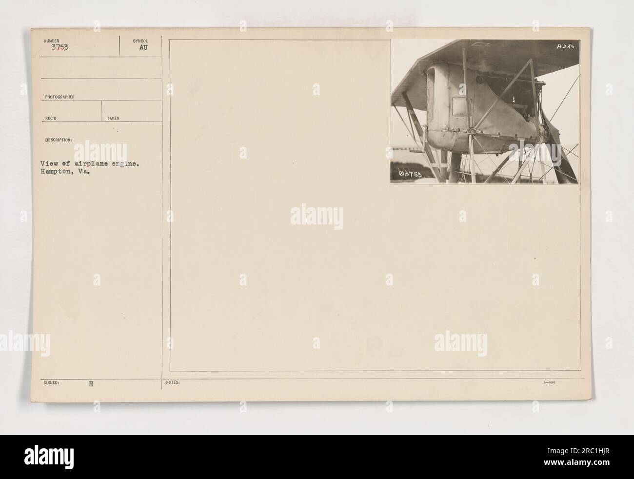 Image of an airplane engine in Hampton, Virginia during World War One ...