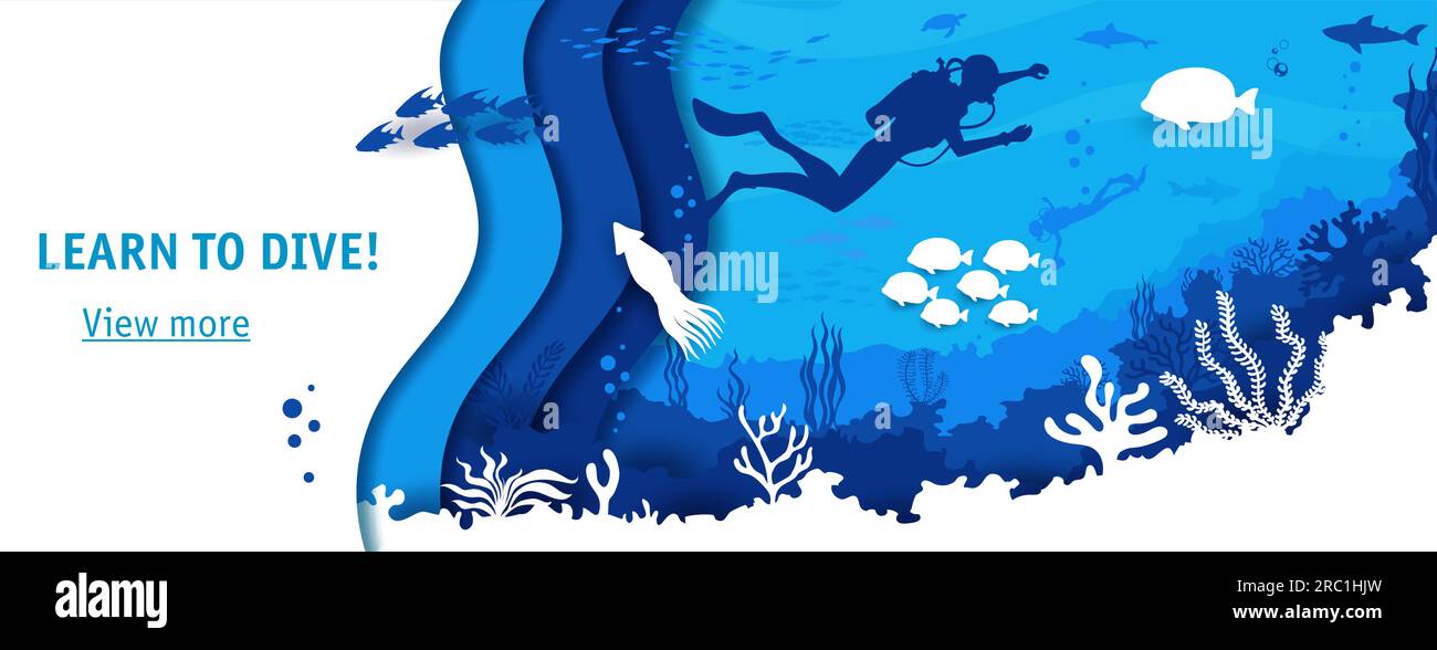 Landing page of scuba diving club with divers silhouettes and sea ...