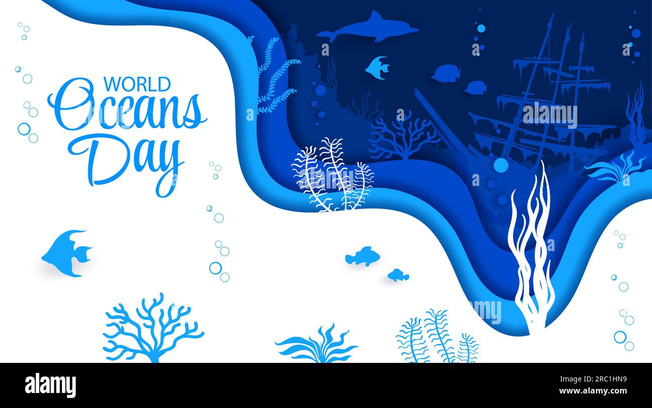 World oceans day banner. Sea paper cut landscape with sunken ship and ...
