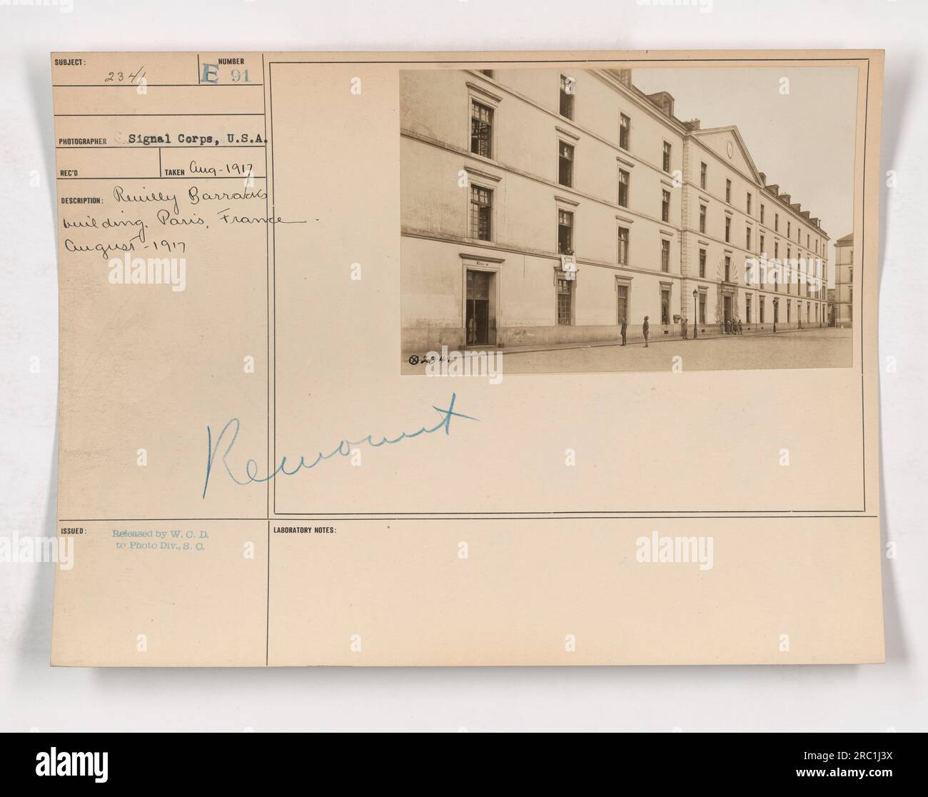 Image of Reuilly Barracks in Paris, France, taken in August 1917 during ...