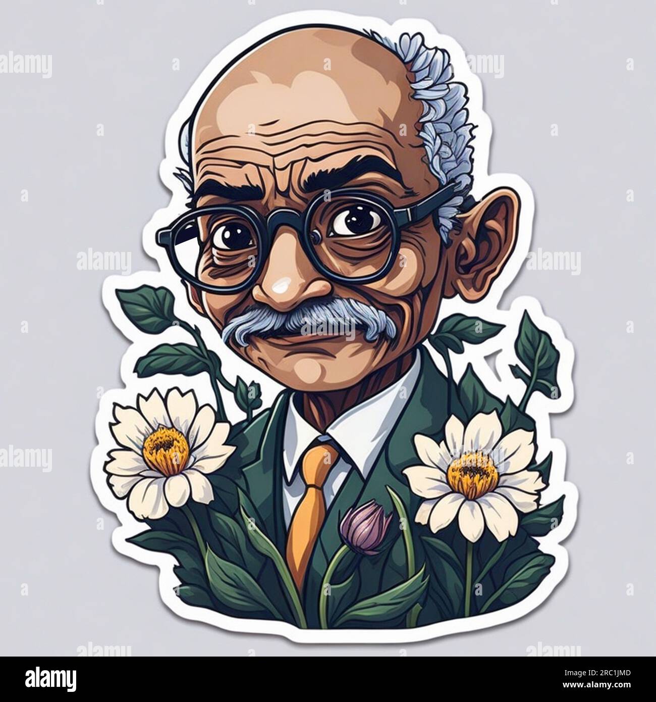Sticker style illustration of Mahatma Gandhi with flowers. Tattoo ...