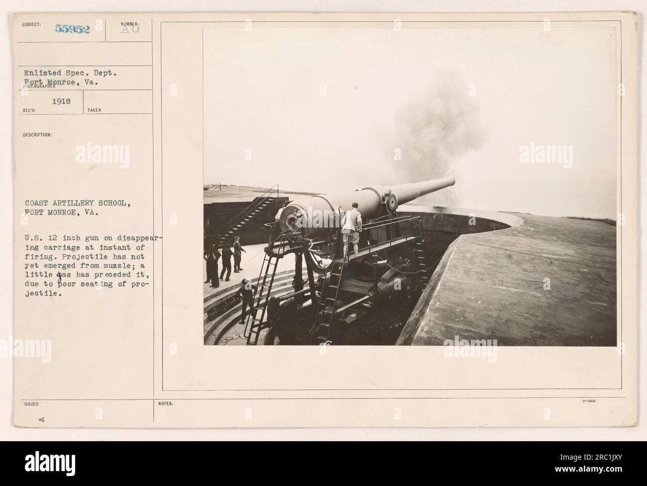 "Firing U.S. 12-inch gun on a disappearing carriage at Fort Monroe, VA ...