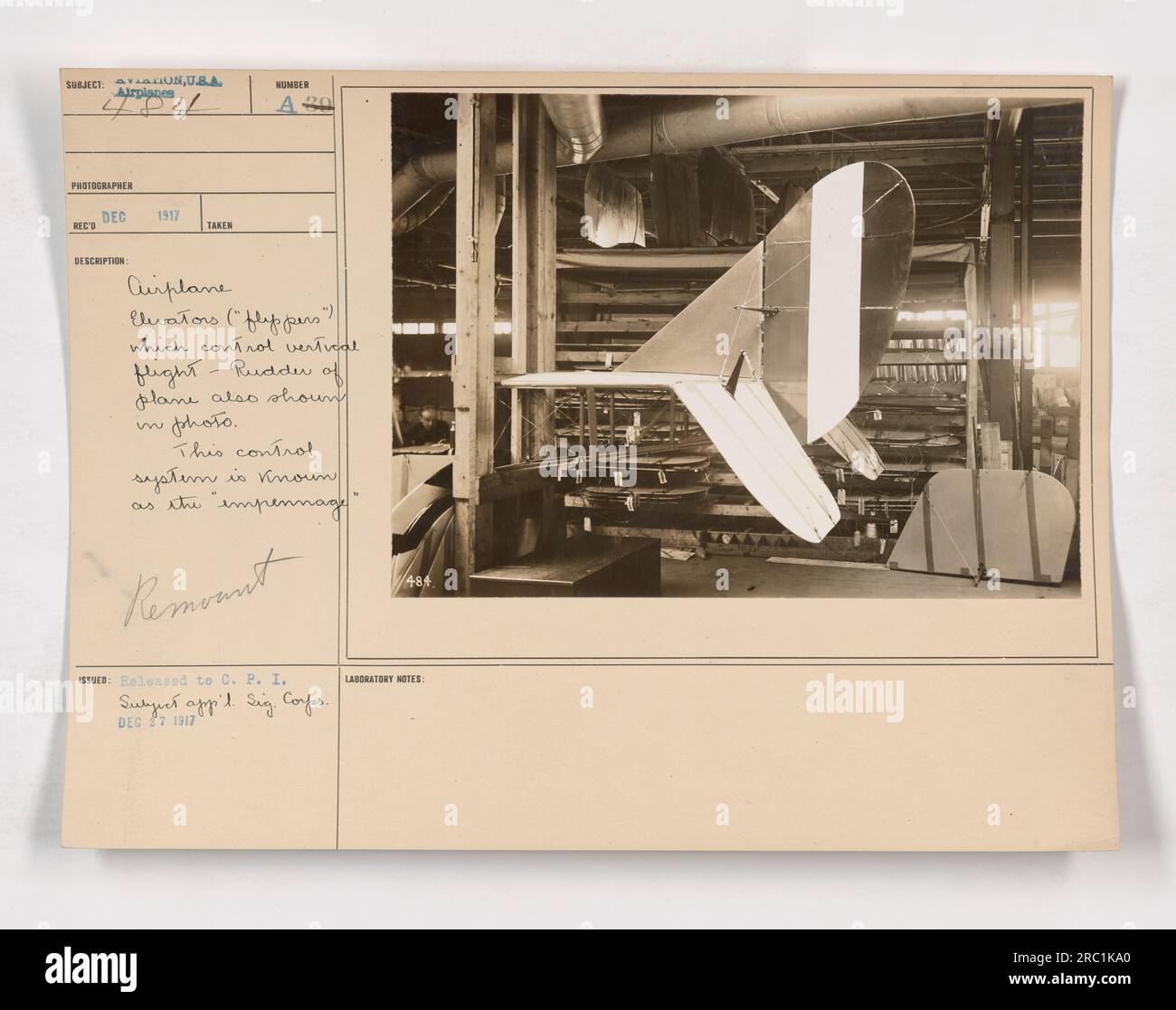 This photograph taken in December 1917 shows the elevators and rudder ...