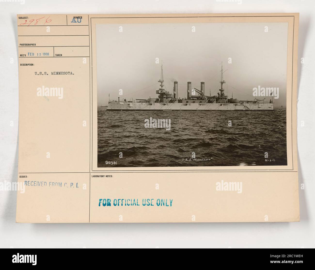 U.S.S. Minnesota during World War I. The photograph, bearing the ...