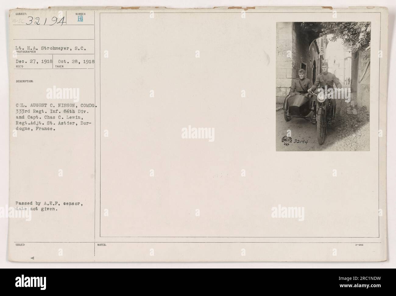 Caption: Lt. H.A. Strohmeyer, S.C., photographed Col. August C. Nisson ...