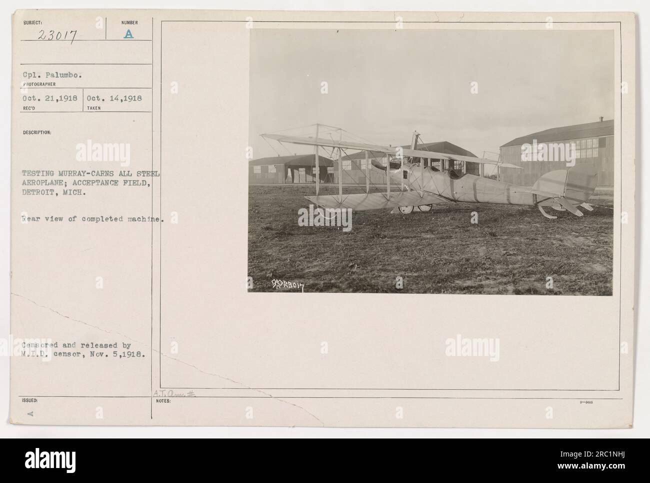 Caption: "Rear view of test flight of a Murray-Carns all-steel airplane ...