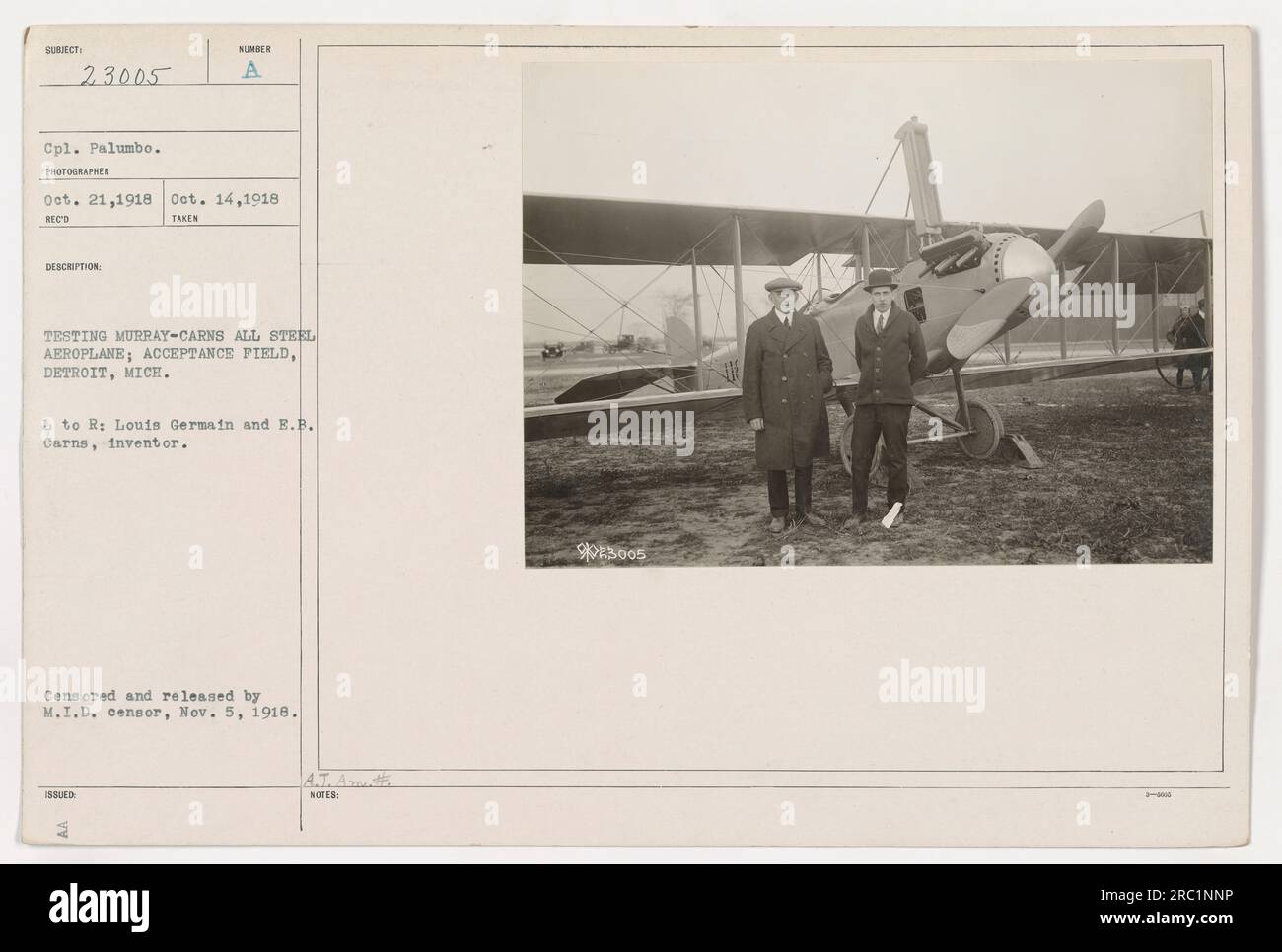 Cpl. Palumbo examines a Murray-Carns all steel airplane during testing ...