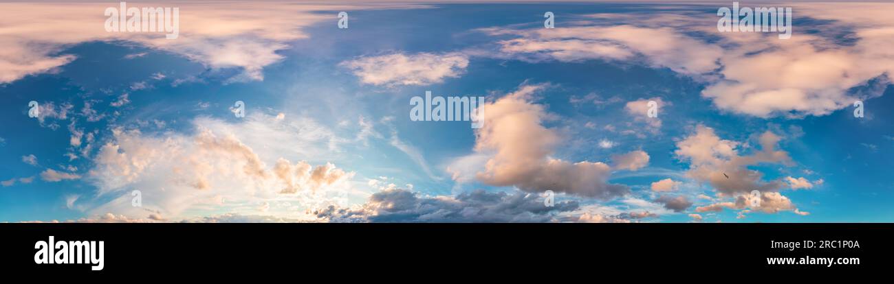 Full zenith sunset sky panorama with pink Cumulus clouds in seamless ...