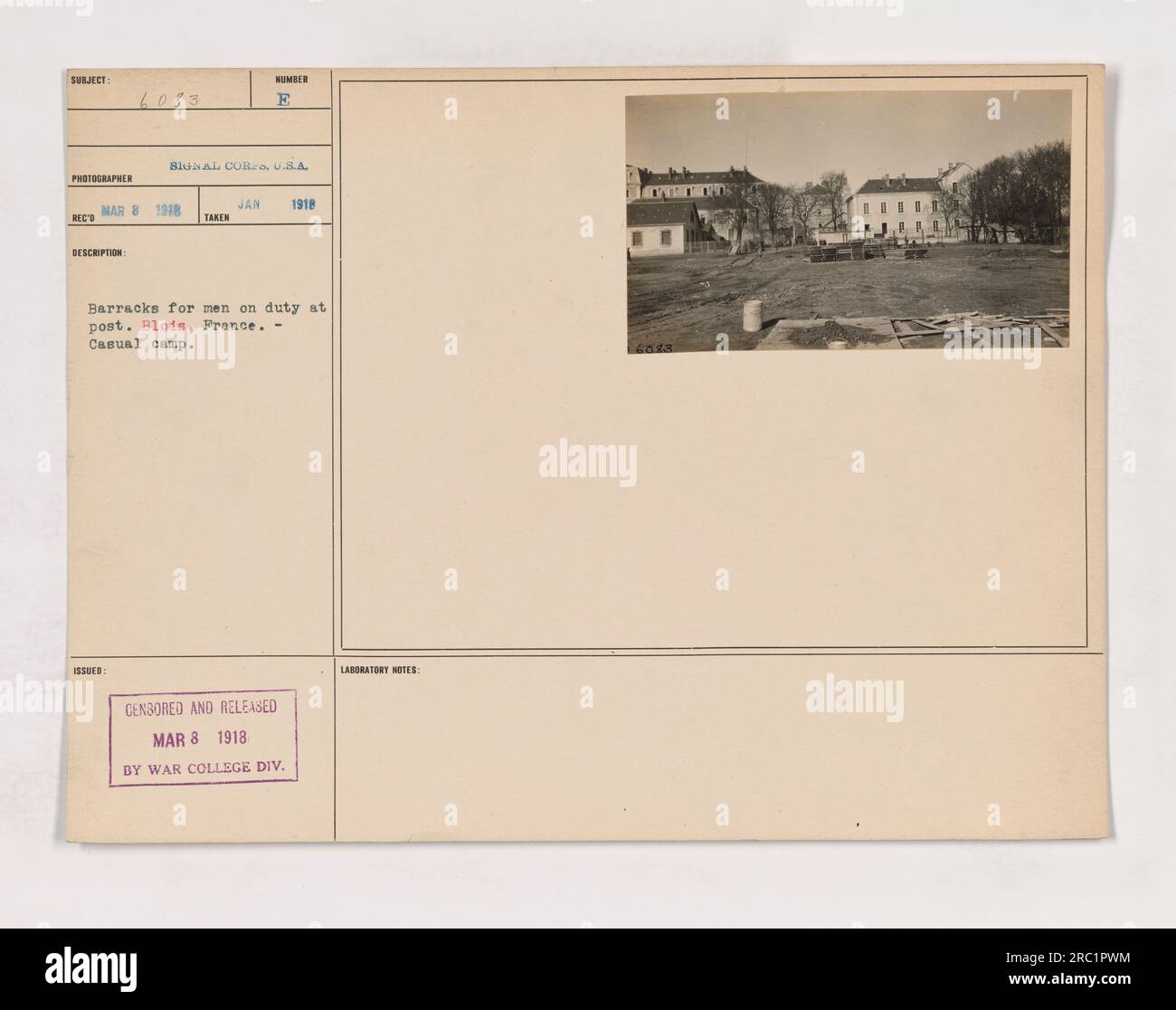 This photograph shows the barracks for men on duty at a post in Blois ...