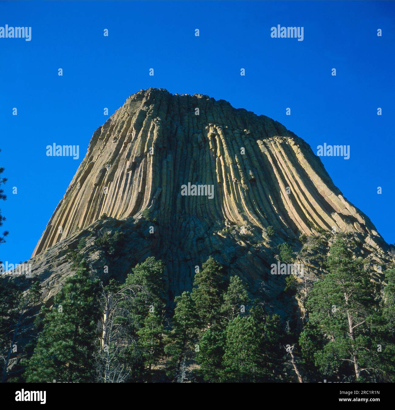 USA, WY, Devils Tower Nat. Mon. lava outflow exposed by erosion Stock ...