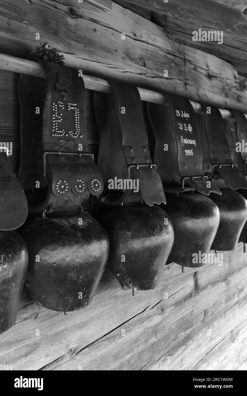 Old traditional cow bells in the Bernese Oberland Stock Photo - Alamy