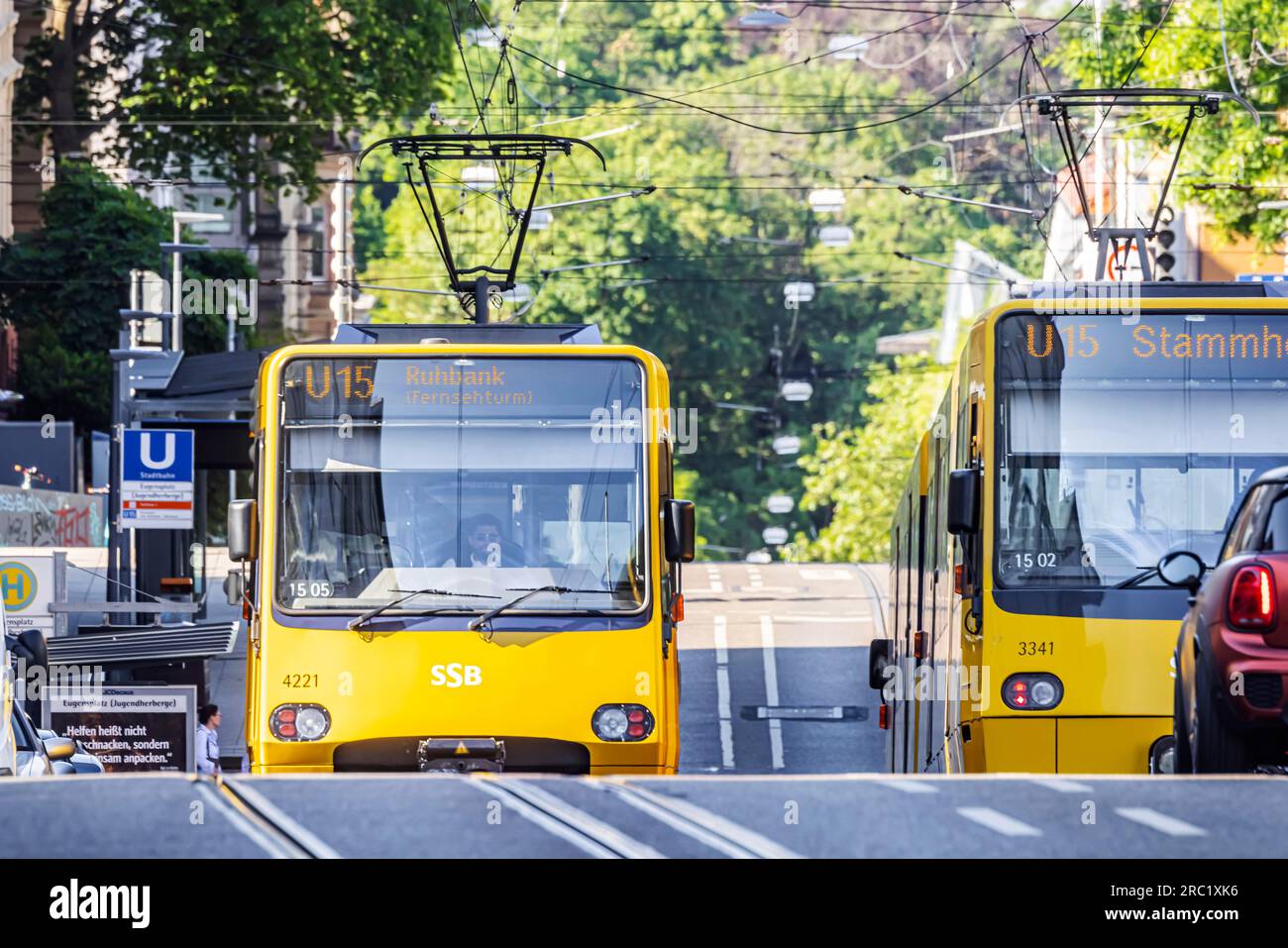 Light rail of the SSB over hill and dale, tracks at Eugensplatz in ...
