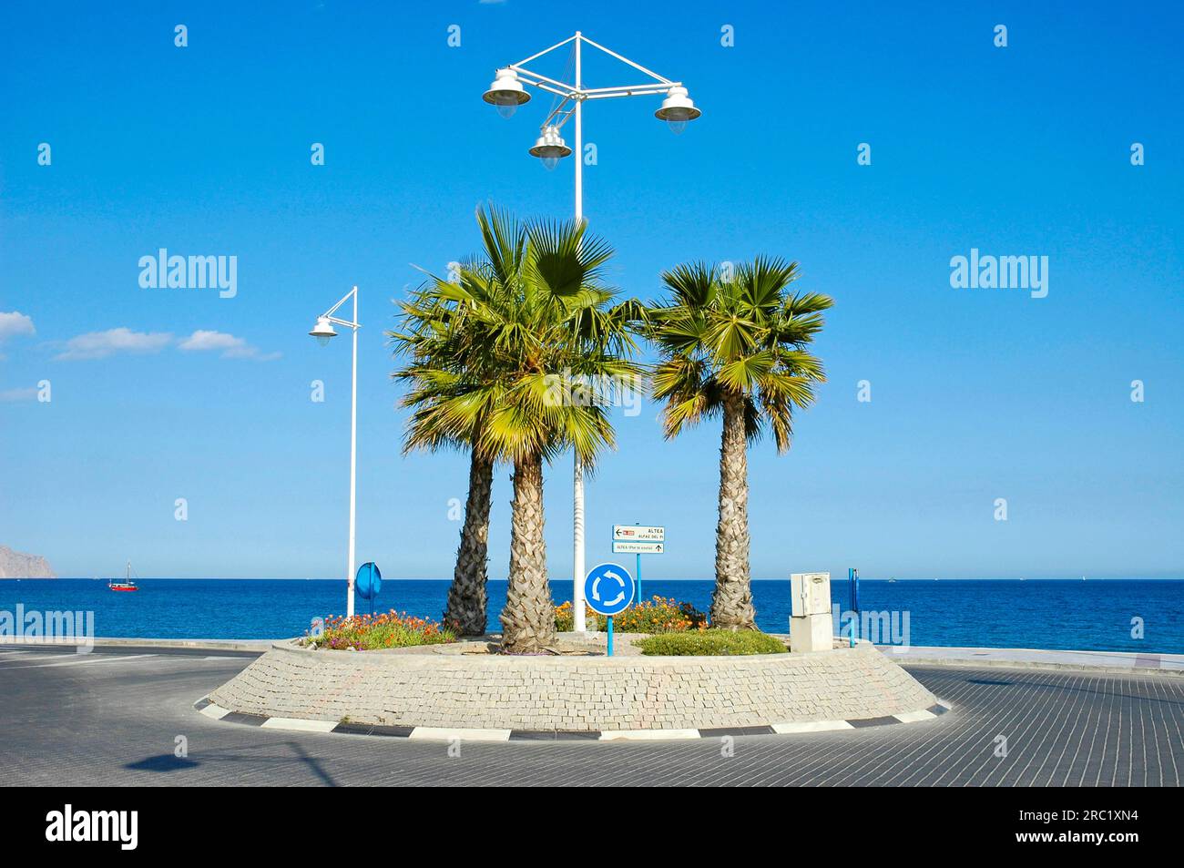 Roundabout with palm trees, seafront, Albir, Altea, Costa Blanca, Spain ...