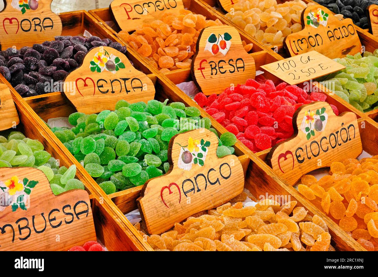 Market stall with different kinds of sweets, name tags, Calpe, Costa ...
