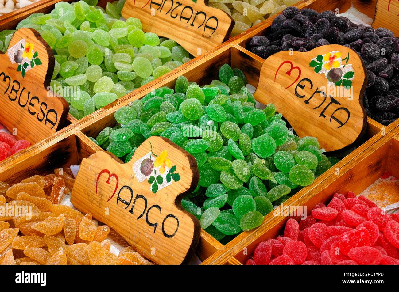 Market stall with different kinds of sweets, name tags, Calpe, Costa ...