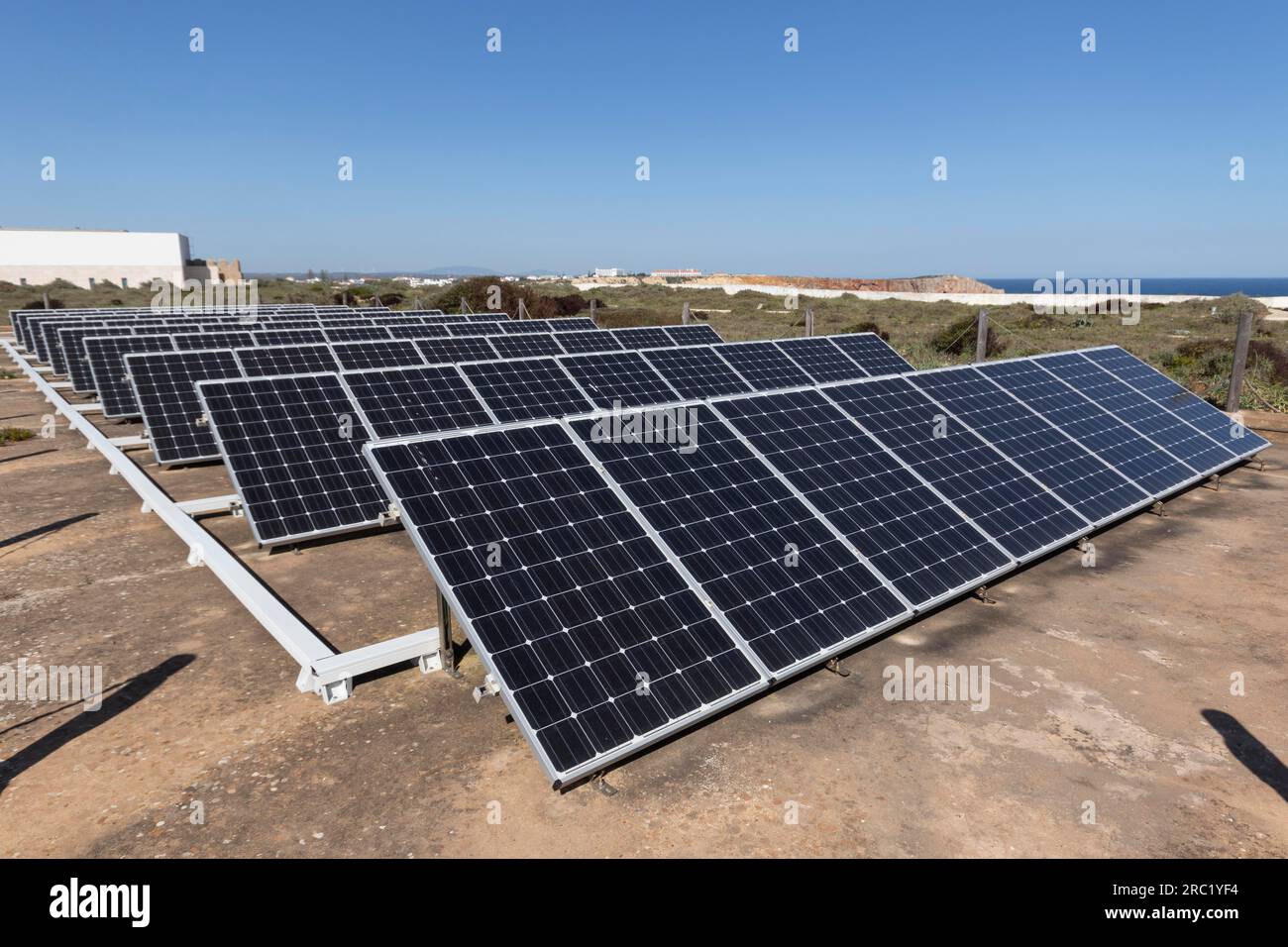 Solar panels on the grounds of the Fortaleza de Sagres fortress, Ponta ...