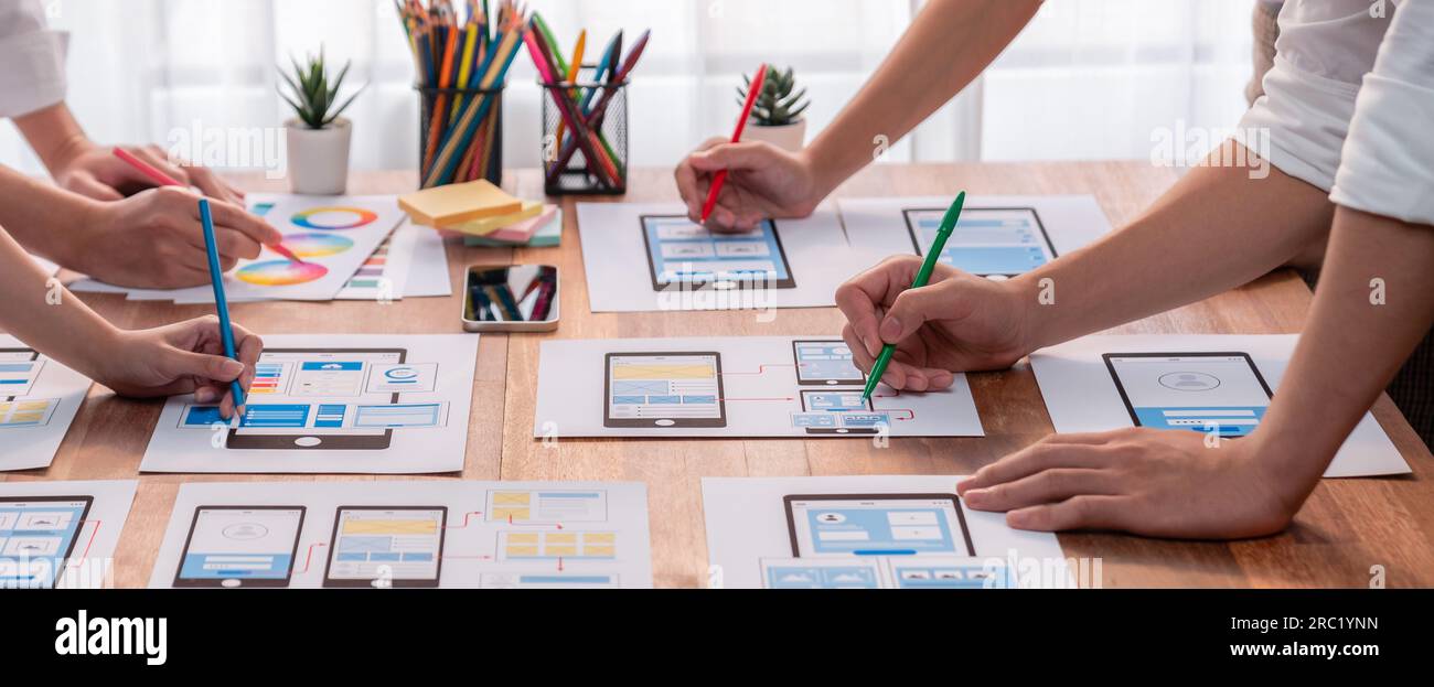 Panorama shot of front-end developer team brainstorming UI and UX ...