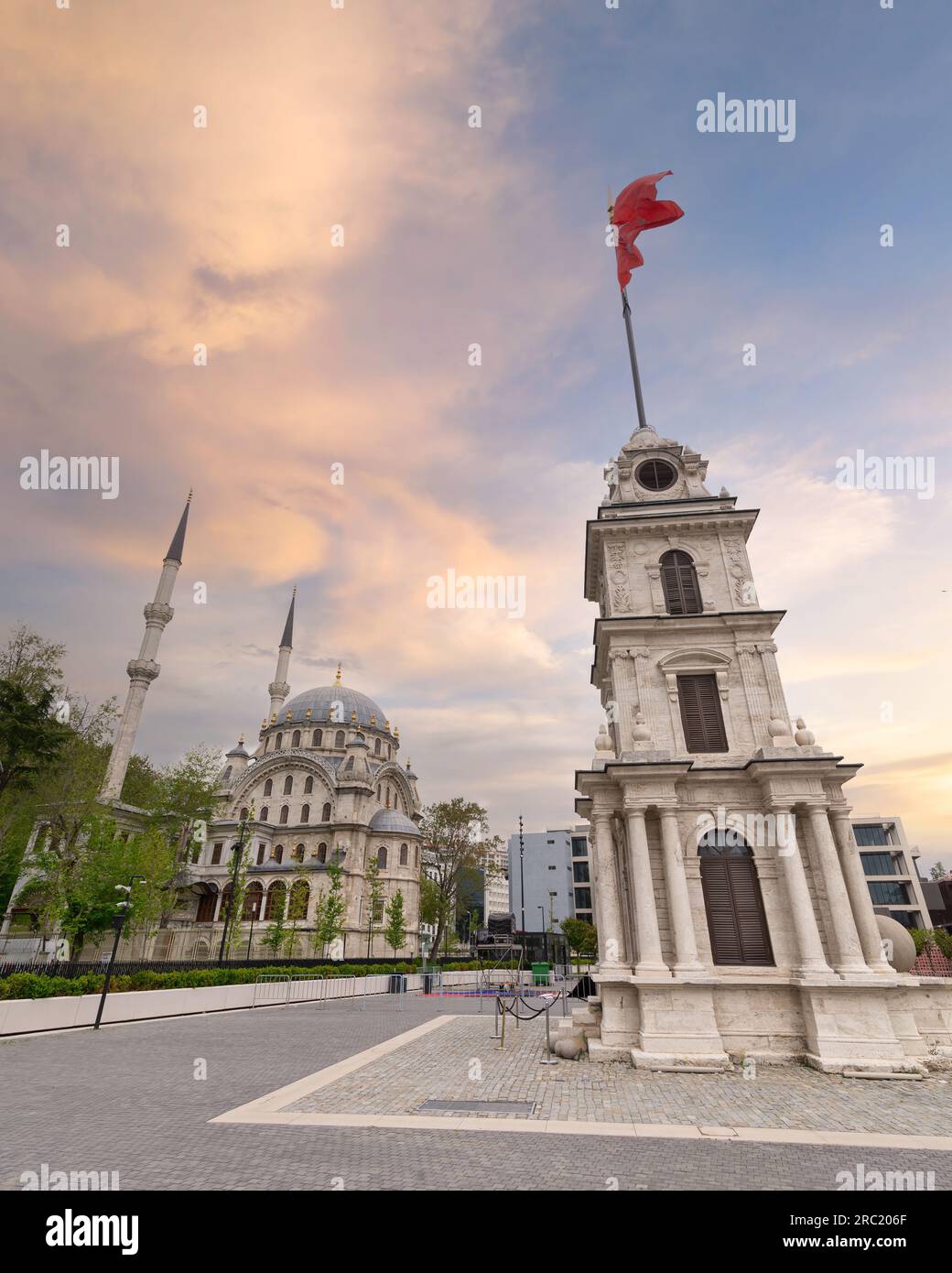 sunset of Nusretiye Clock Tower, aka Tophane Clock Tower, with ...