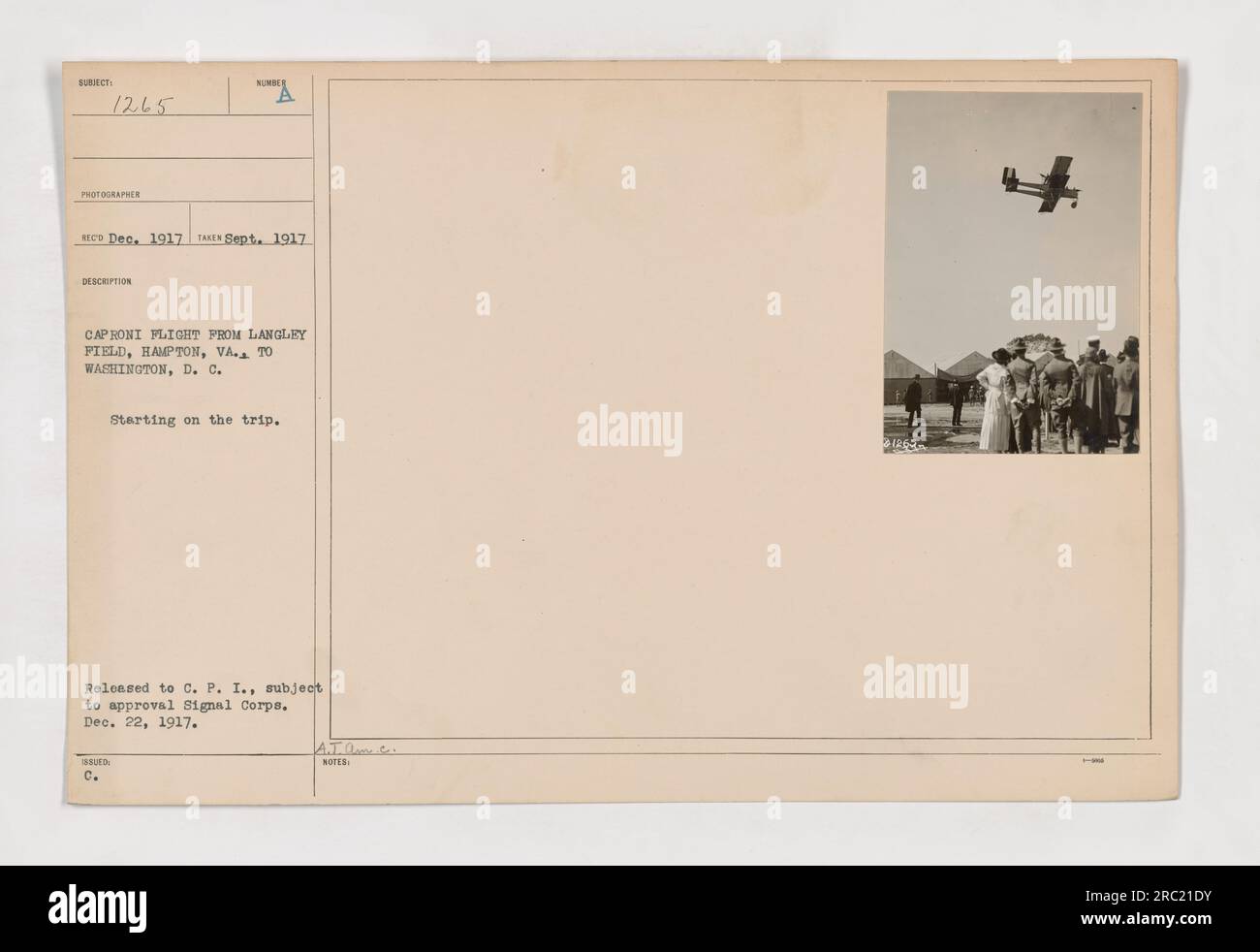 The image shows the beginning of the Caproni flight from Langley Field ...