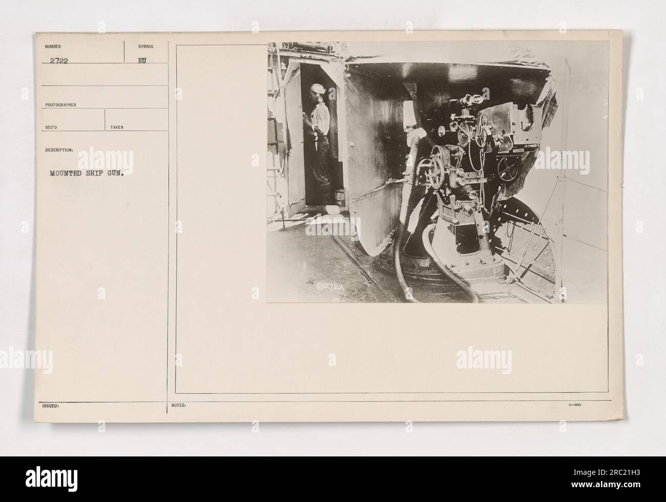 A photograph of a mounted ship gun taken during World War One. The gun ...