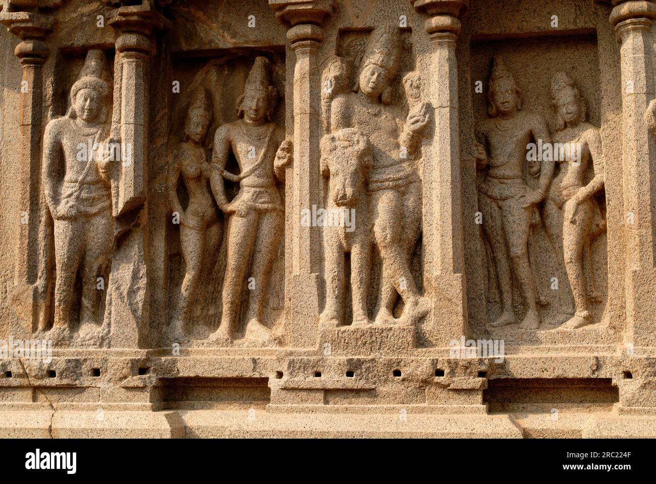 A close view of carvings on the external wall of the Arjuna Ratha, Five ...