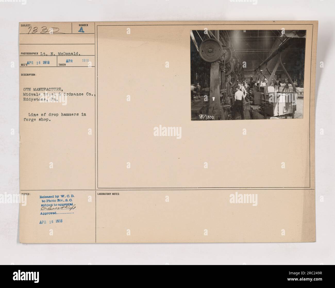 Image 111-SC-7332 shows a line of drop hammers in the forge shop during ...