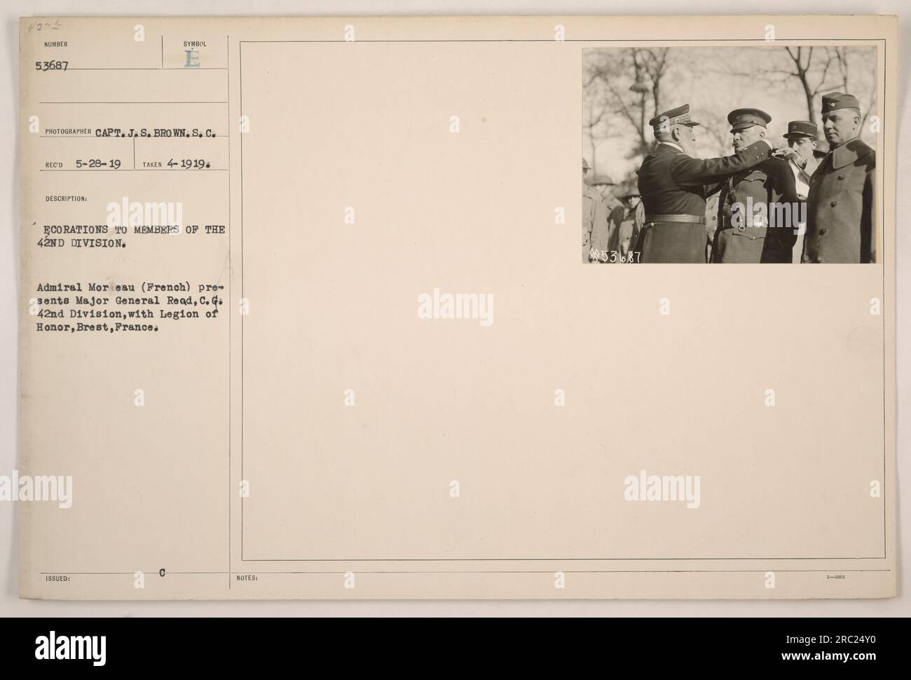 Admiral Morceau of the French military presenting Major General Reed ...