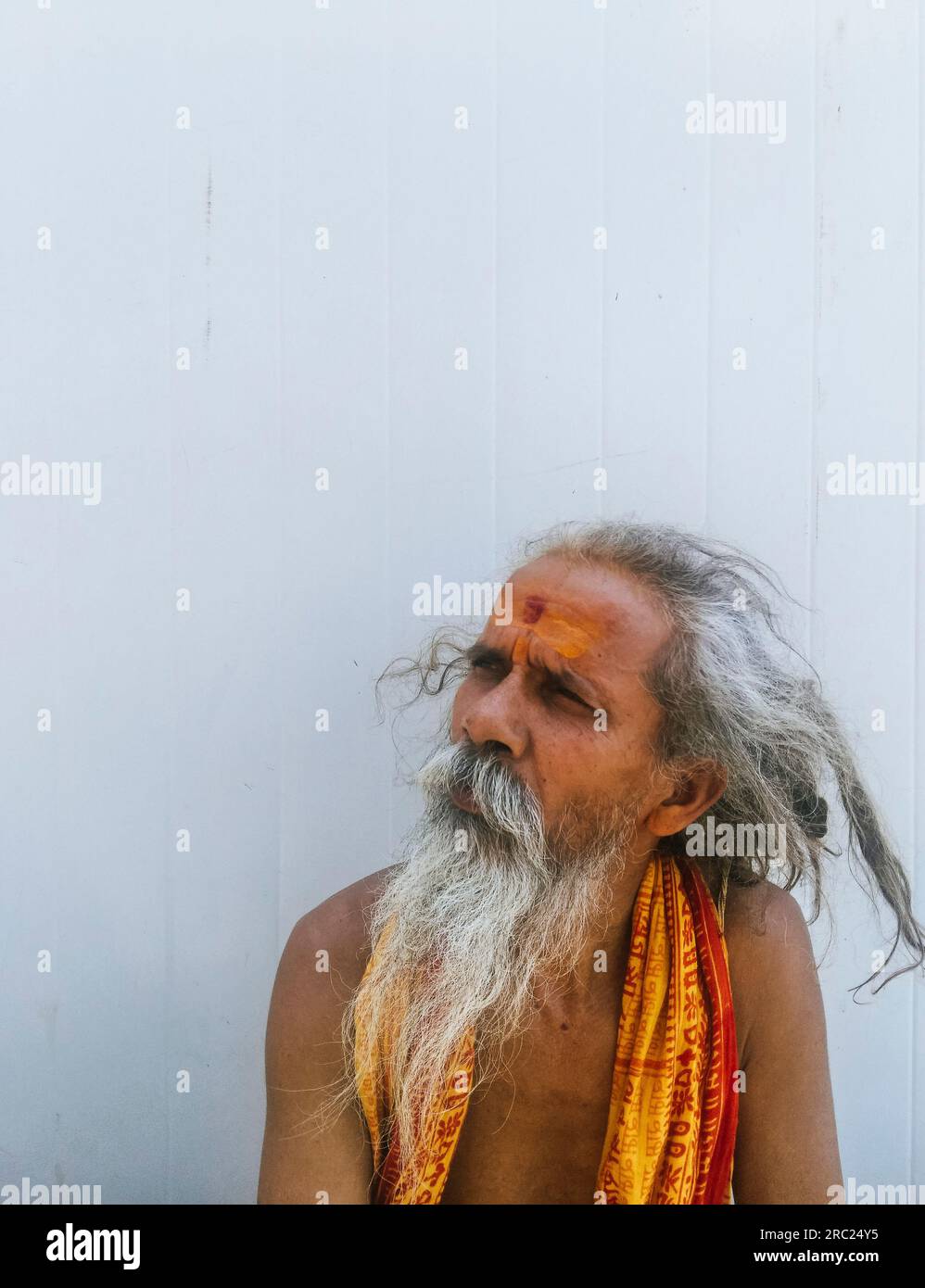 A Hindu sadhu with long hair and a beard near the Ganga River. Varanasi ...