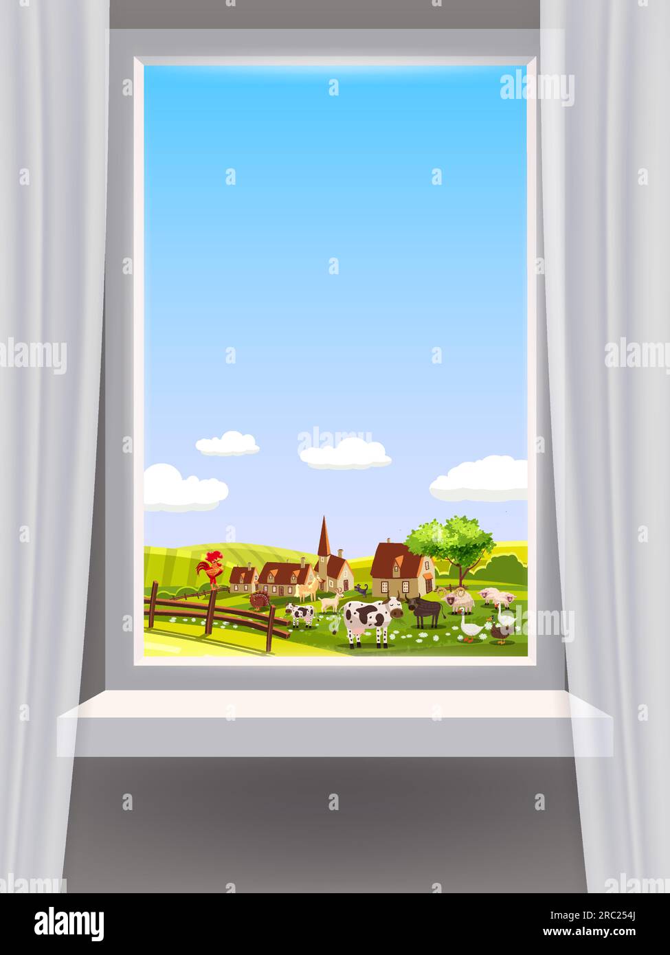 Window view interior, farm, rural landscape, animals, country nature ...