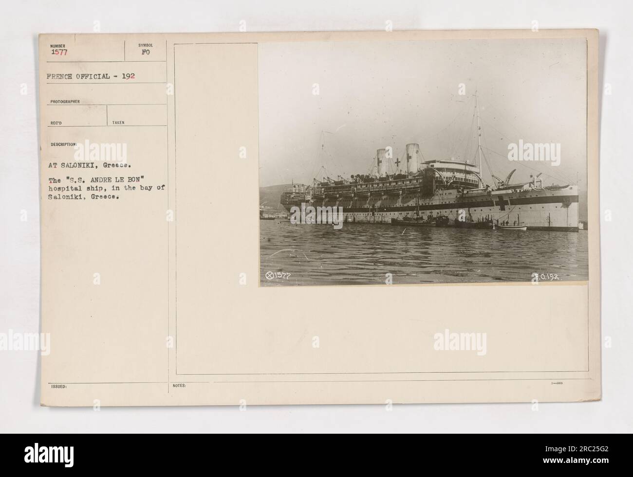S.S. Andre Le Bon, a hospital ship, is seen in the Bay of Saloniki ...