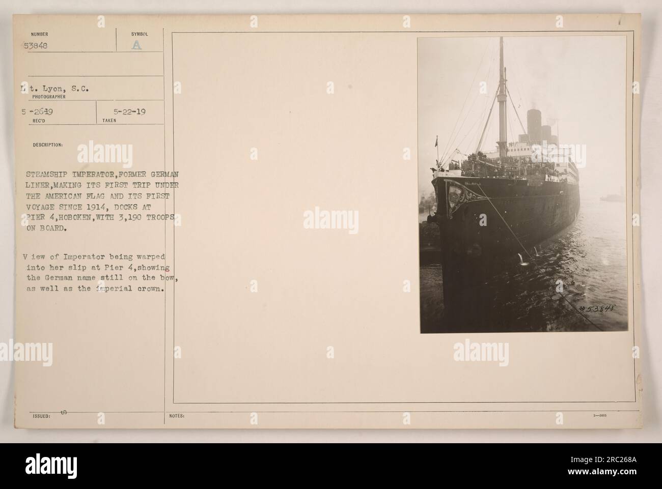 Steamship Imperator, formerly a German liner, arriving at Pier 4 in ...