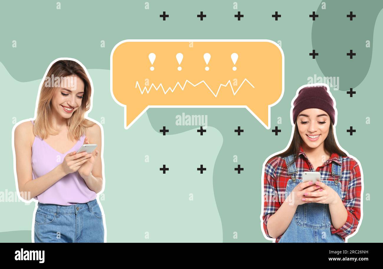 Dialogue, chatting. Photos of women using mobile phones and speech ...
