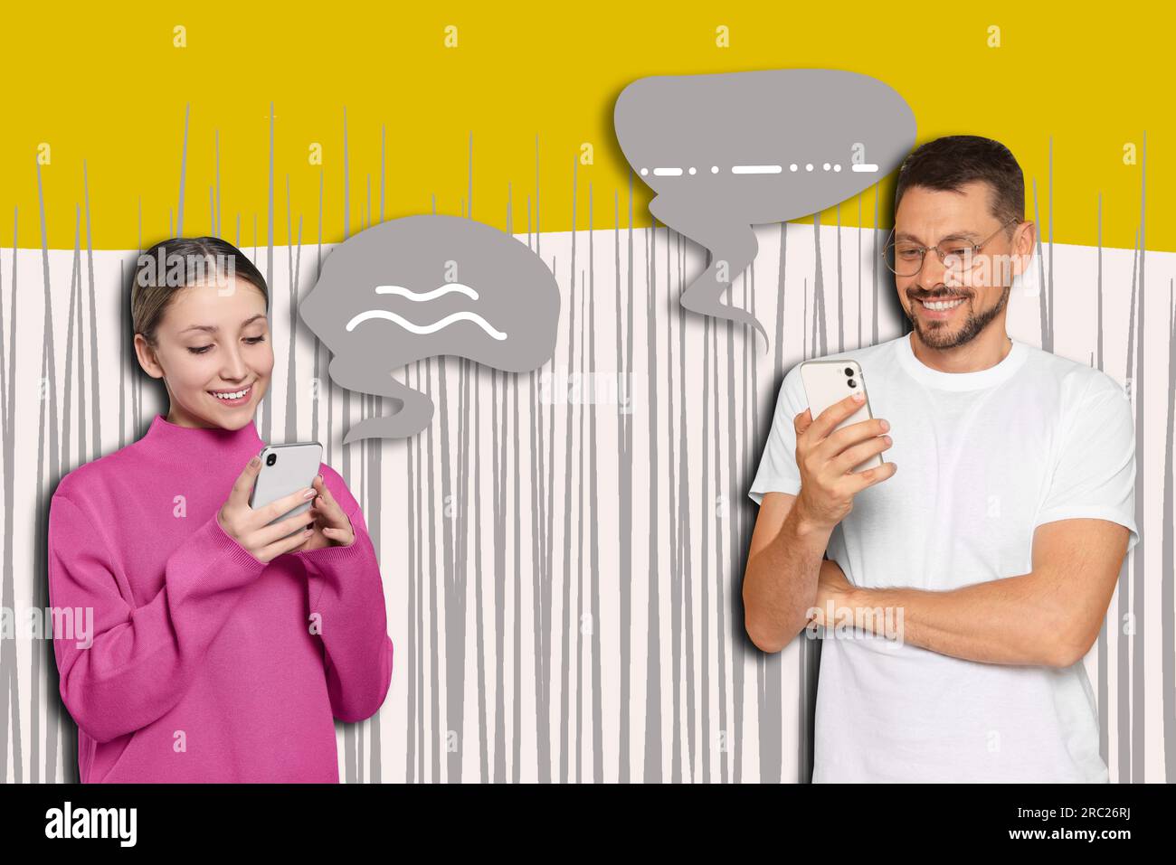 Dialogue, chatting. Photos of people using mobile phones and speech ...