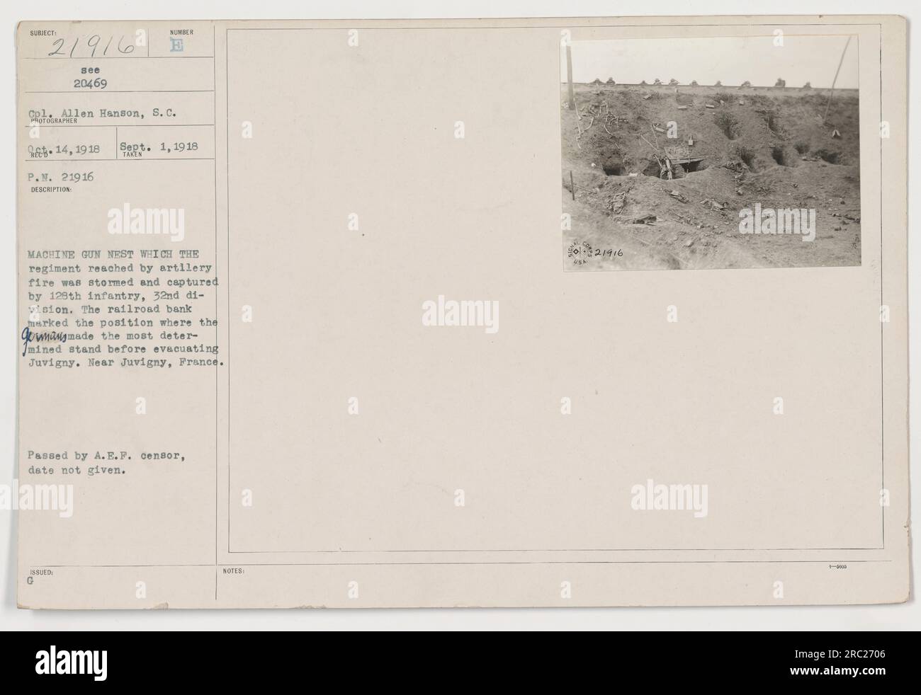 Photograph depicts a machine gun nest near Juvigny, France that was ...