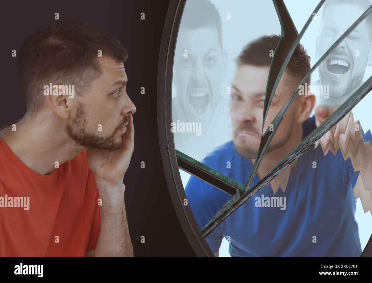 Suffering from hallucinations. Man looking in broken mirror and seeing ...