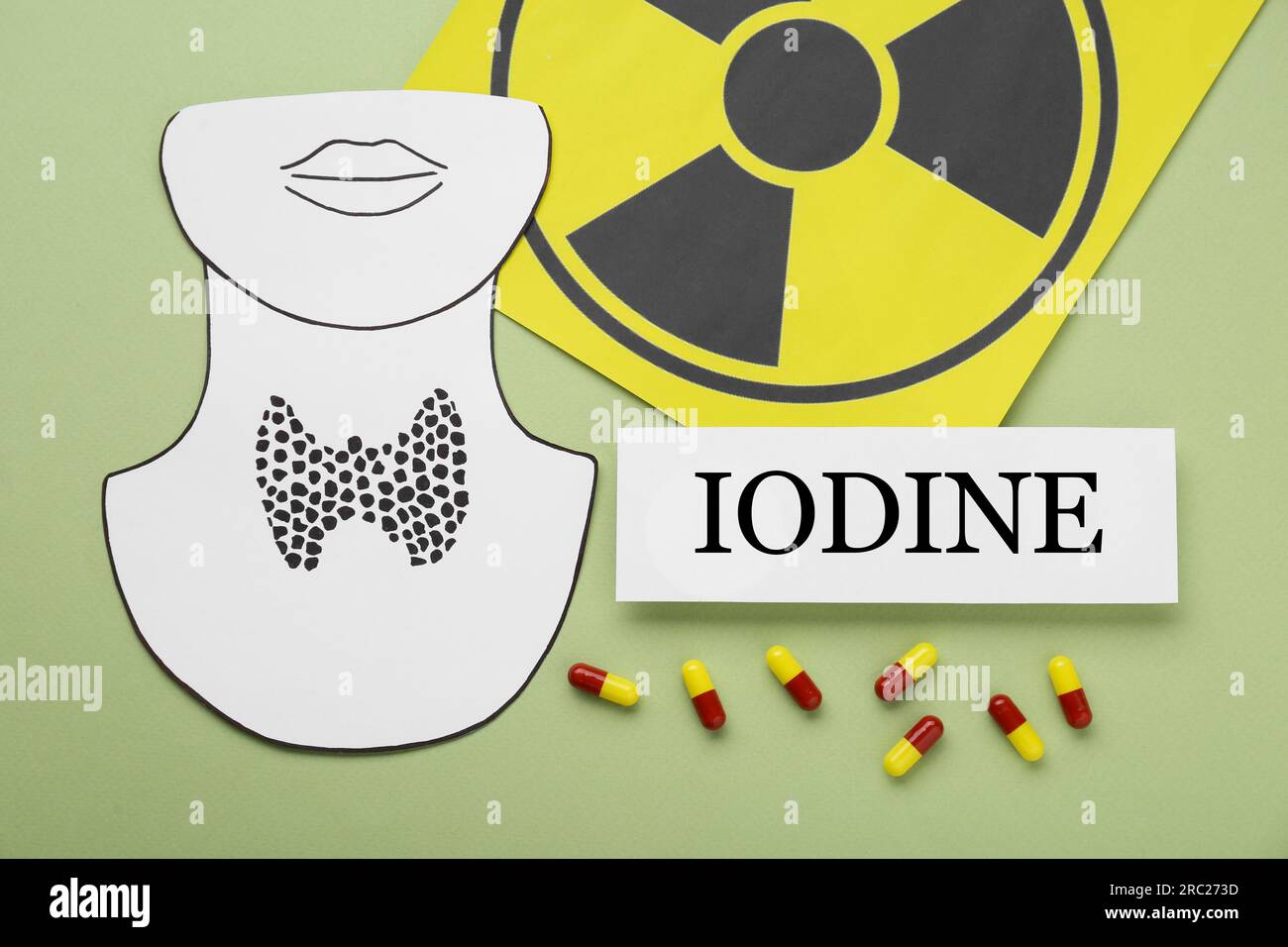Paper note with word Iodine, radiation sign, cutout of thyroid gland ...