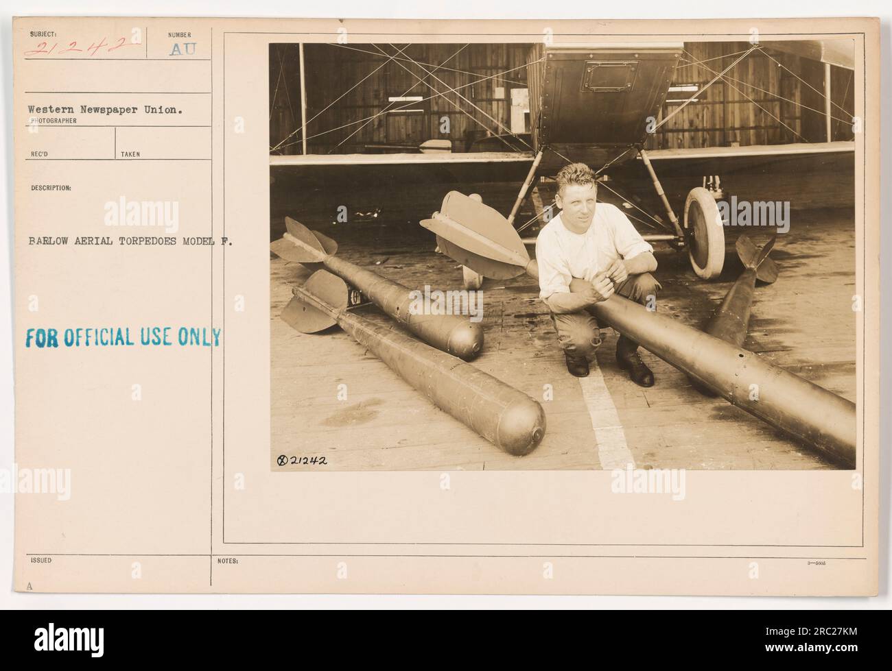 A photograph showing Barlow aerial torpedoes Model F. The image is ...