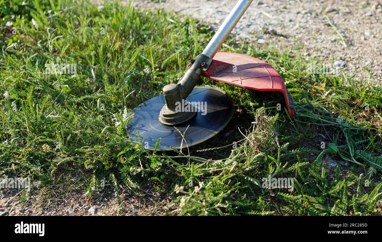 Brushcutter with sharp blade. Lawnmowing grass with brushcutter. Grass ...