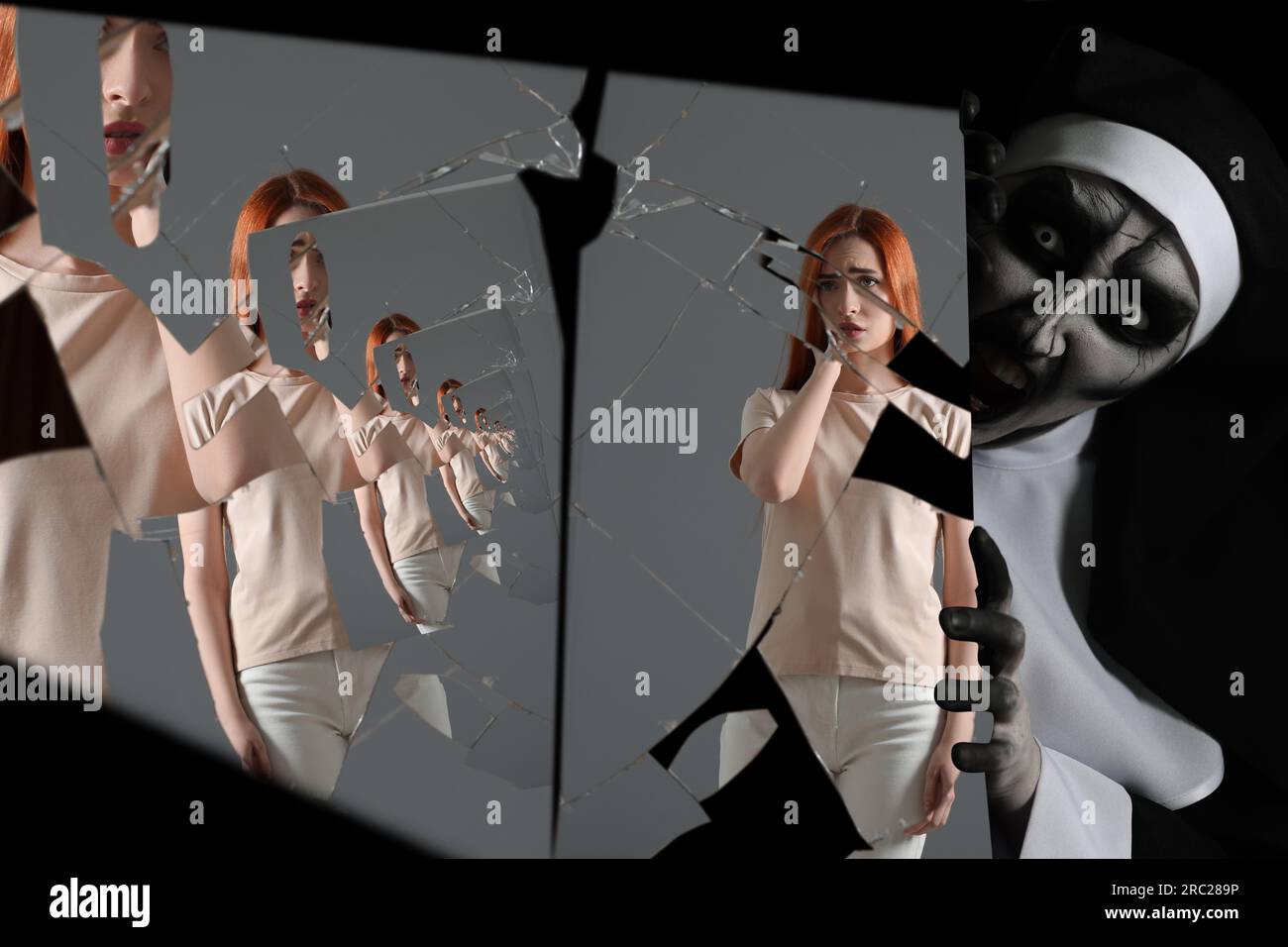 Suffering from hallucinations. Woman seeing her reflections in broken ...