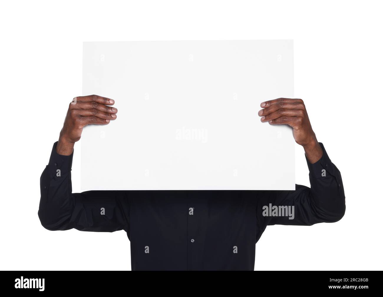 African American man holding sheet of paper on white background. Mockup ...