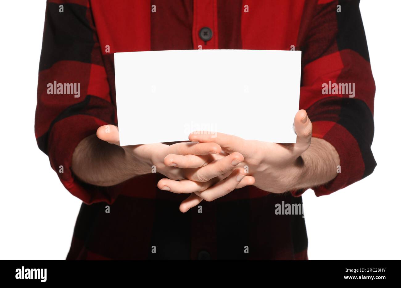 Man holding flyer on white background, closeup. Mockup for design Stock ...