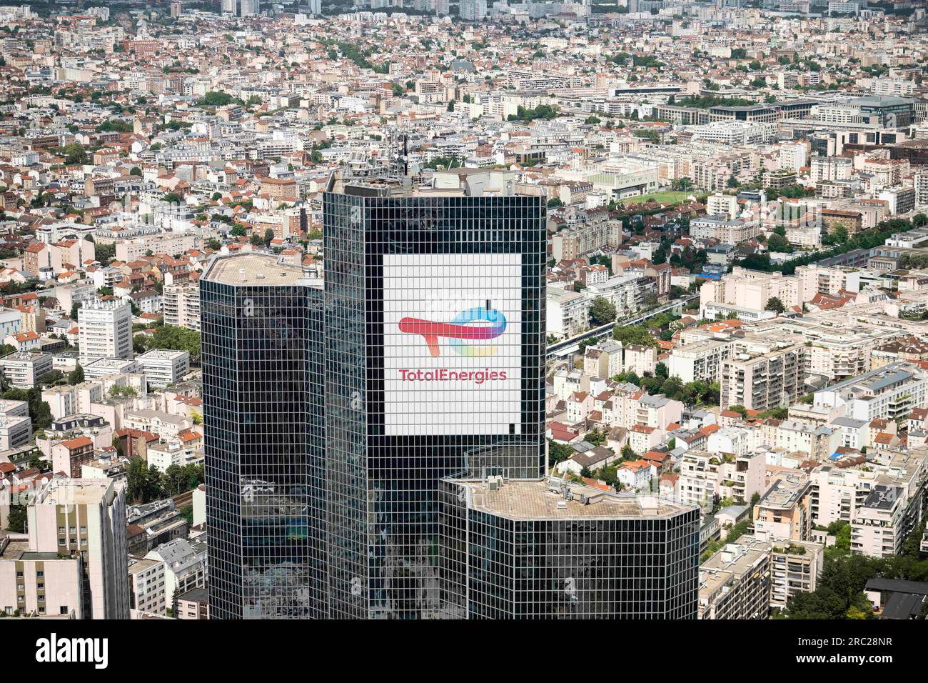 Paris, France. 11th July, 2023. Aerial view of the TotalEnergies tower ...