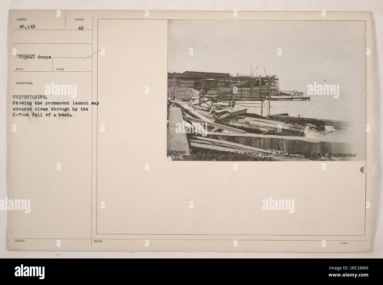 A damaged launch way caused by the fall of boat number 48,142 during ...